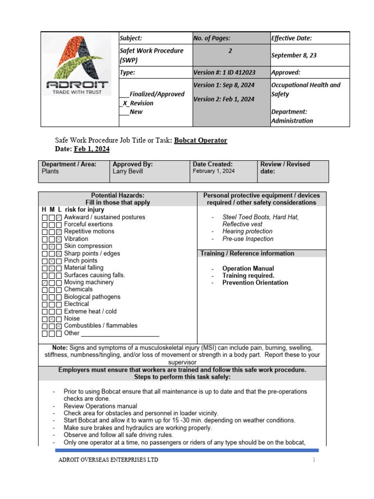 SWP - Bobcat Operation | PDF | Workplace | Working Conditions