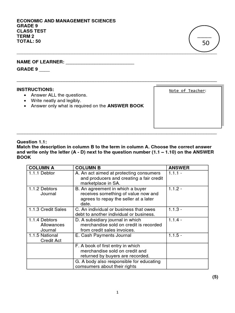 Grade 9 Ems Class Test Term 2 2014 With Memo | PDF | Debits And Credits ...