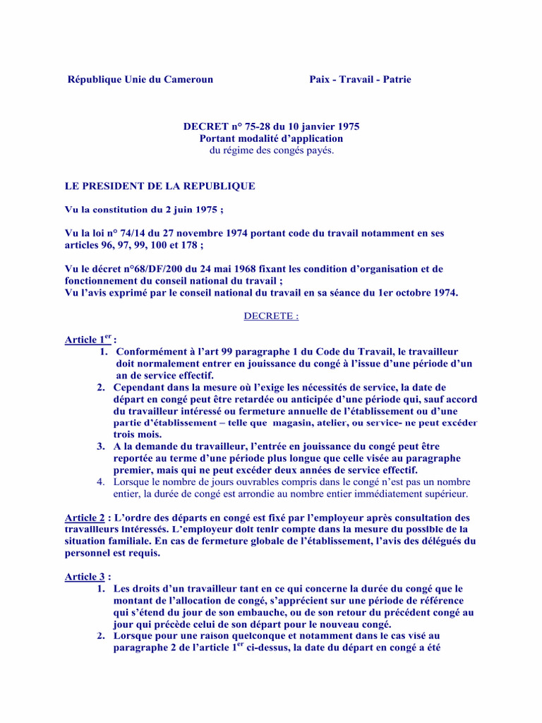 Decret N°75 28 Du 10 Janvier 1975 Portant Modalités Dapplication Du Régime Des Congés Payés | PDF