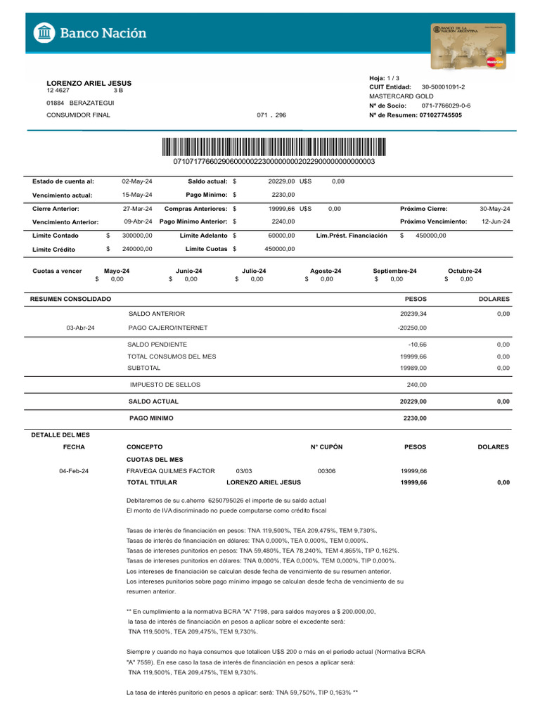 Resumen de Cuenta Tarjeta Mastercard | PDF | Tarjeta de crédito ...