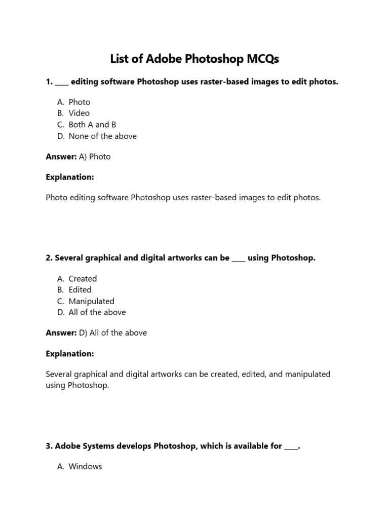 List of Adobe Photoshop MCQs | PDF | Adobe Photoshop | Image Processing List of Adobe Photoshop MCQs | PDF | Adobe Photoshop | Image Processing