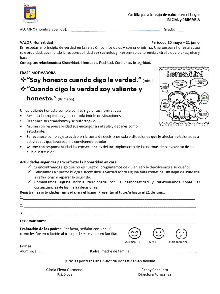 HONESTIDAD - Cartilla para Trabajo de Valores en Casa INICIAL-PRIMARIA ...