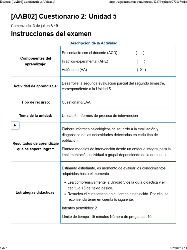 Examen (AAB02) Cuestionario 2 Unidad 5 | PDF | Sicología | Evaluación