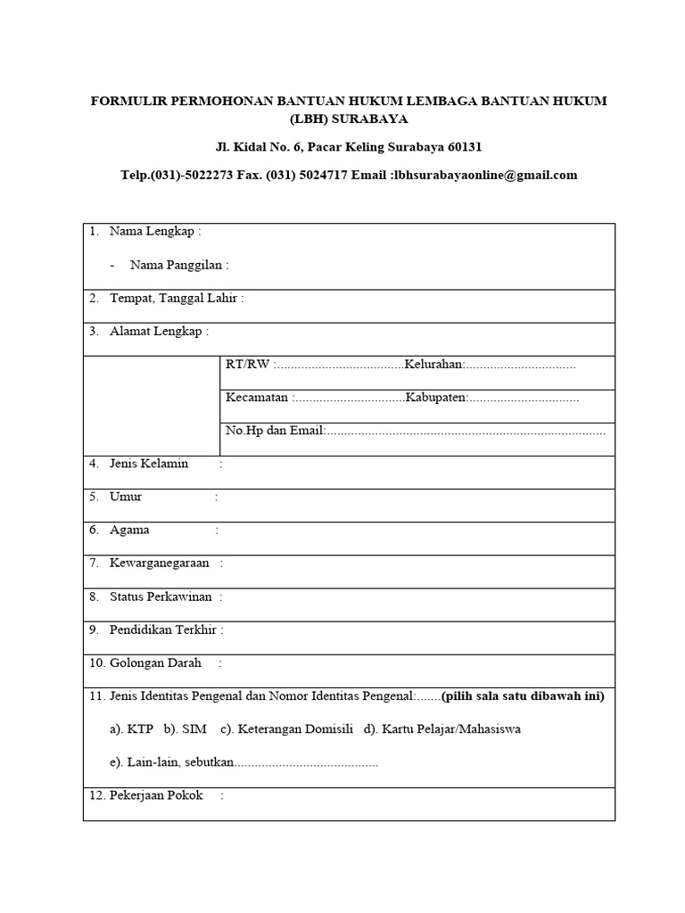 Formulir Bantuan Hukum LBH Surabaya | PDF