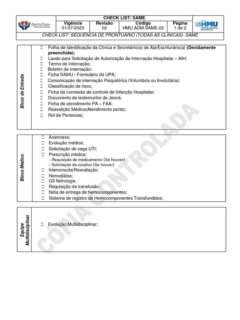 Check List de Prontuário Hospitalar | PDF | Remédio | Doenças e distúrbios