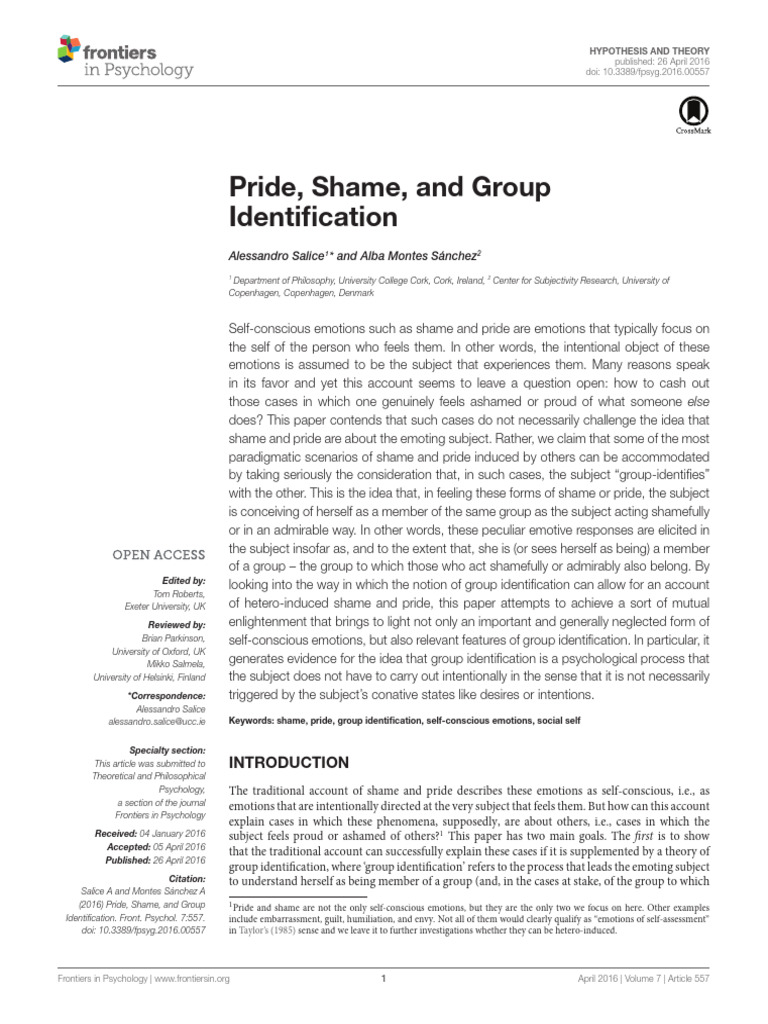 Salice - Sánchez - 2016 - Frontiers Pride, Shame, and Group Identification | PDF | Shame | Emotions