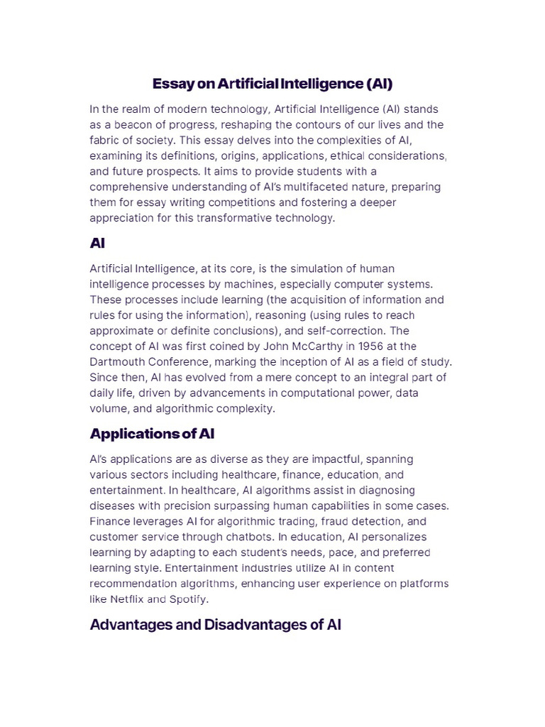 Essay on Artificial Intelligence (AI) | PDF