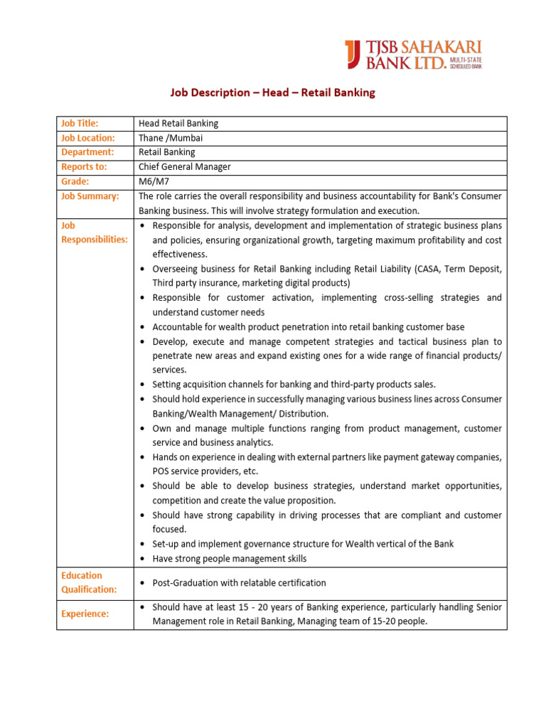 Head of Retail Banking Job Description | PDF | Retail | Banks
