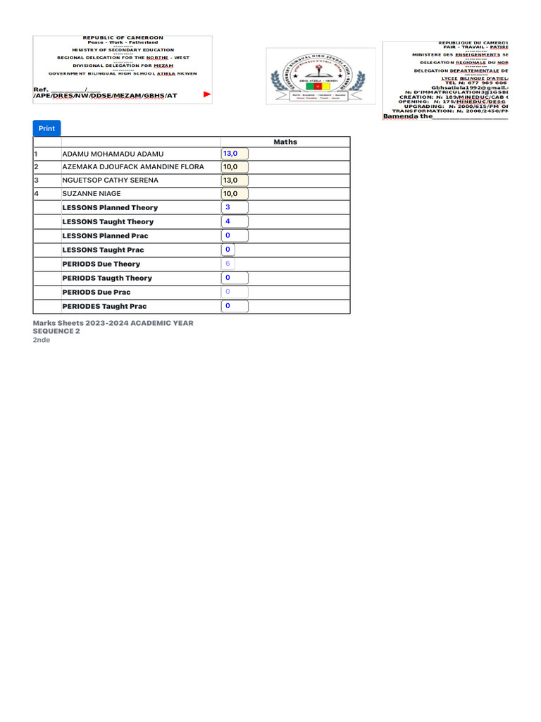 2023-2024 Academic Year Marks Sheets | PDF | Teaching Methods & Materials