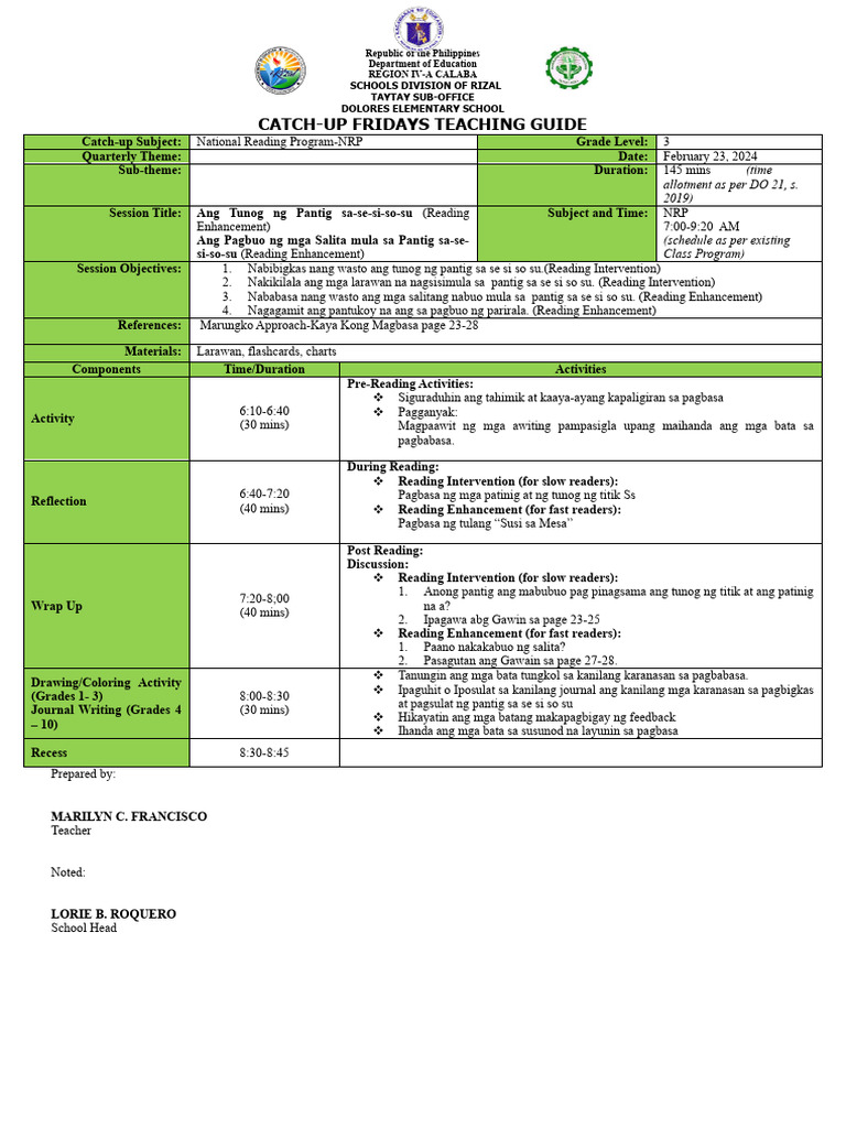 G3 Lesson Log Q3 Week3 Catch-Up Fridays | PDF