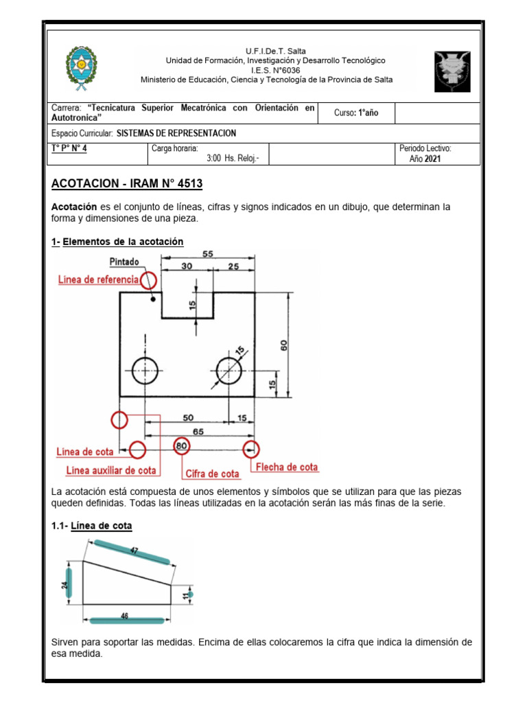 1-01 Sistemas de Representacion 1° Año T° P° #4° Iram 4513 Acotacion | PDF | Medida Geométrica