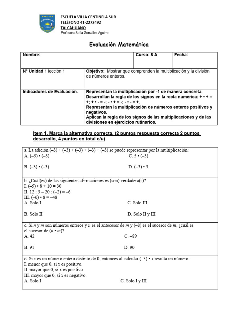 Evaluación Matemática Unidad1leccion1 8vo | Descargar gratis PDF ...