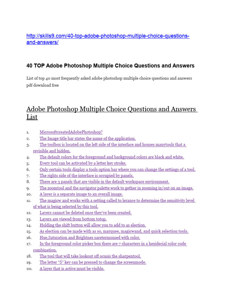 Top 40 Adobe Photoshop MCQs and Answers | PDF | Adobe Photoshop | Software