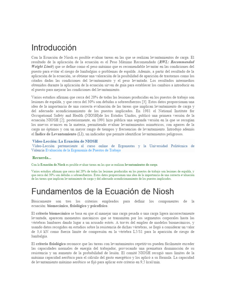 Metodo Niosh para Levantamiento de Cargas | PDF | Ecuaciones | Frecuencia