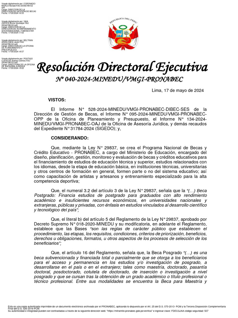 Rde N 040 2024 Minedu Vmgi Pronabec | PDF | Titulo academico ...