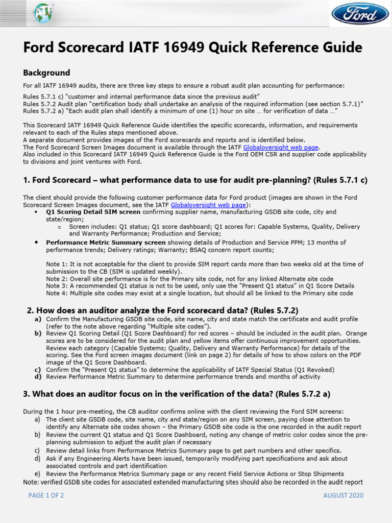 Ford Scorecard Quick Reference GuideAug2020 1 | PDF | Audit ...