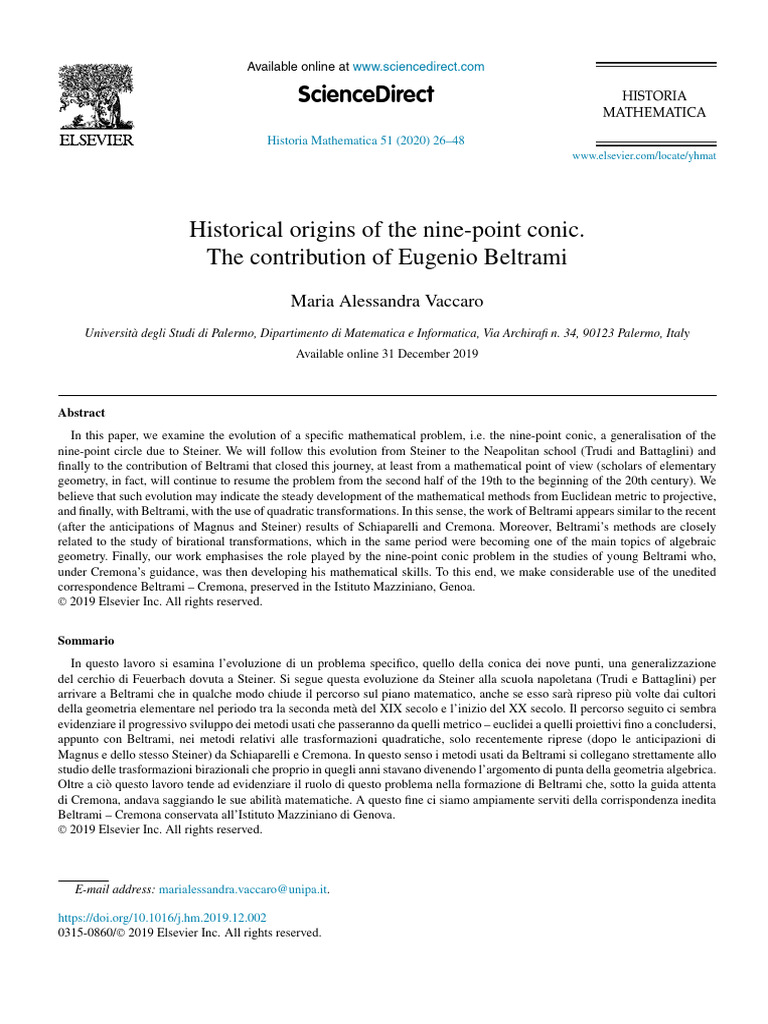 Historical Origins of The Nine-Point Conic | PDF | Triangle | Circle