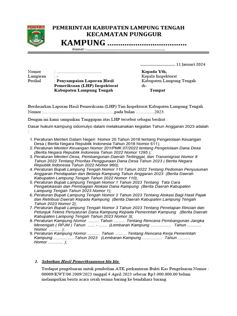 Contoh Surat Tanggapan LHP Dari Inspektorat | PDF | Pengelolaan Keuangan & Uang