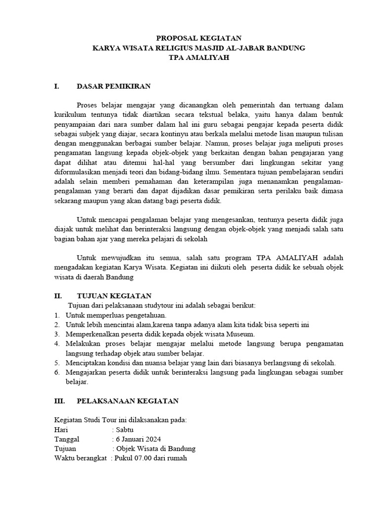 Proposal Karya Wisata Tpa Amaliyah | PDF | Perjalanan