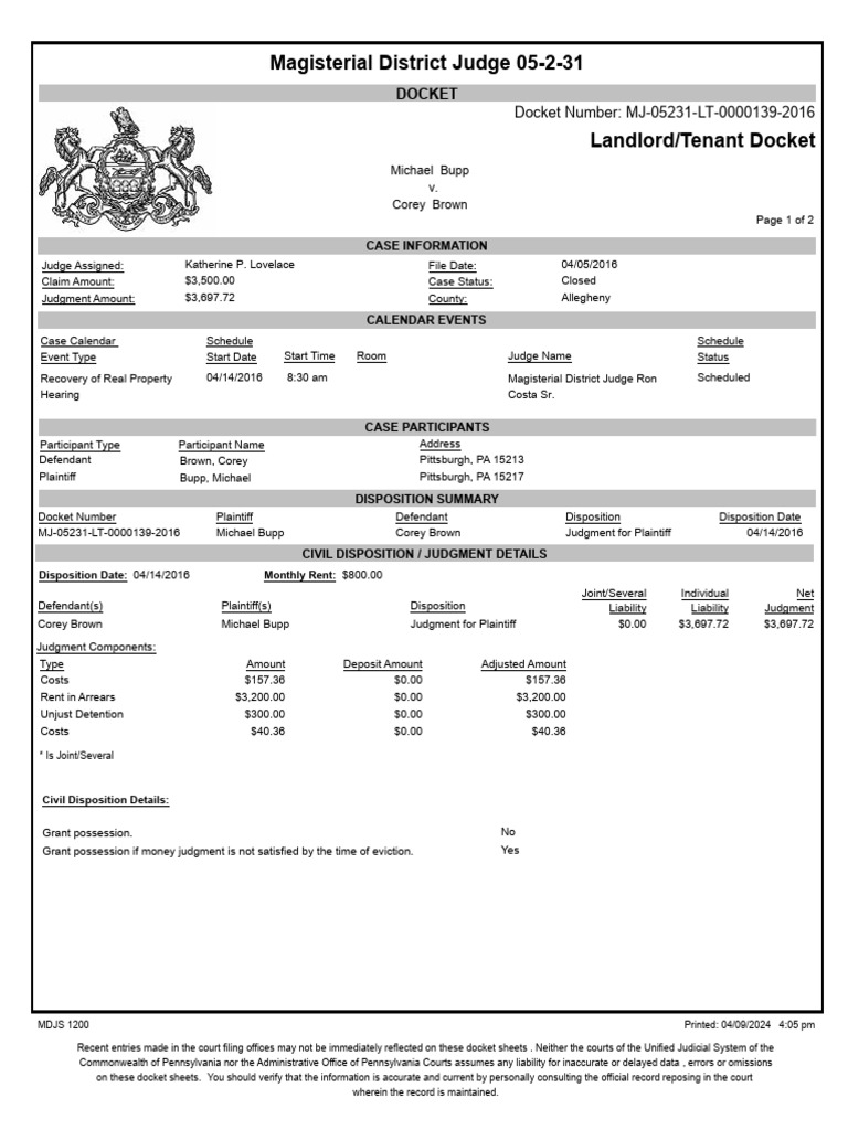 MDJ Docket Sheet | PDF | Judgment (Law) | Complaint