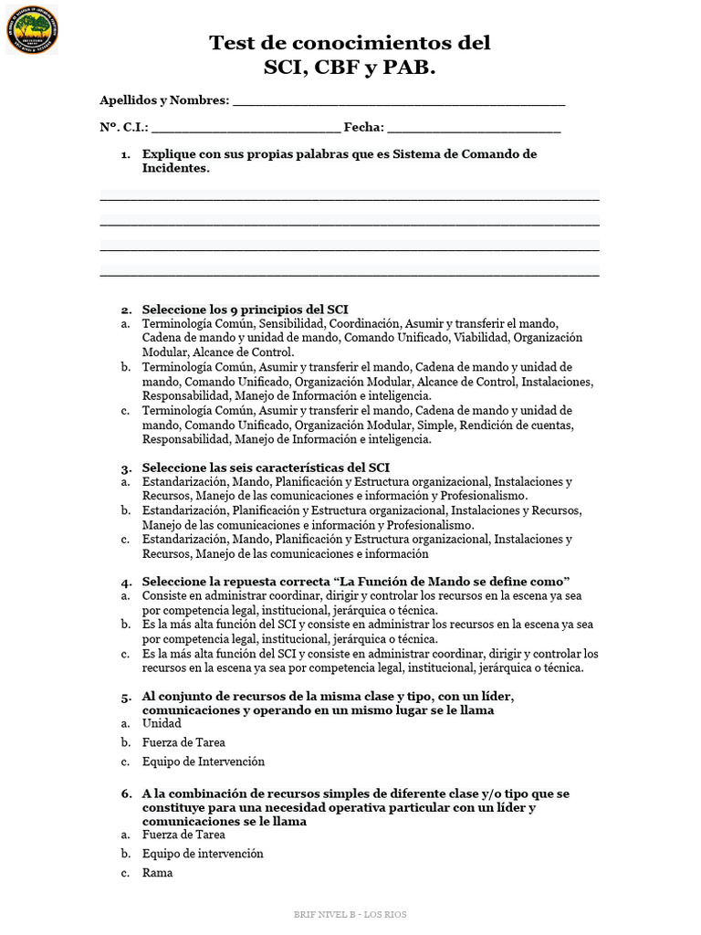 Test de Conocimientos Del SCI, CBF y PAB | PDF | Incendios | Planificación