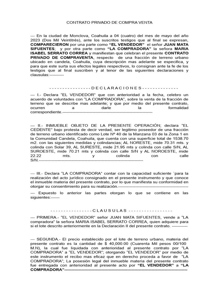 Contrato Privado de Compraventa | PDF | Derecho civil (sistema legal) | Ley común