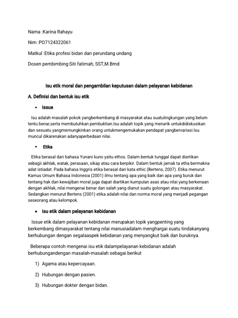 Isu Etik Moral Dan Pengambil Keputusan Dalam Pelayanan Kebidanan (Karina Rahayu) | PDF | Sains ...