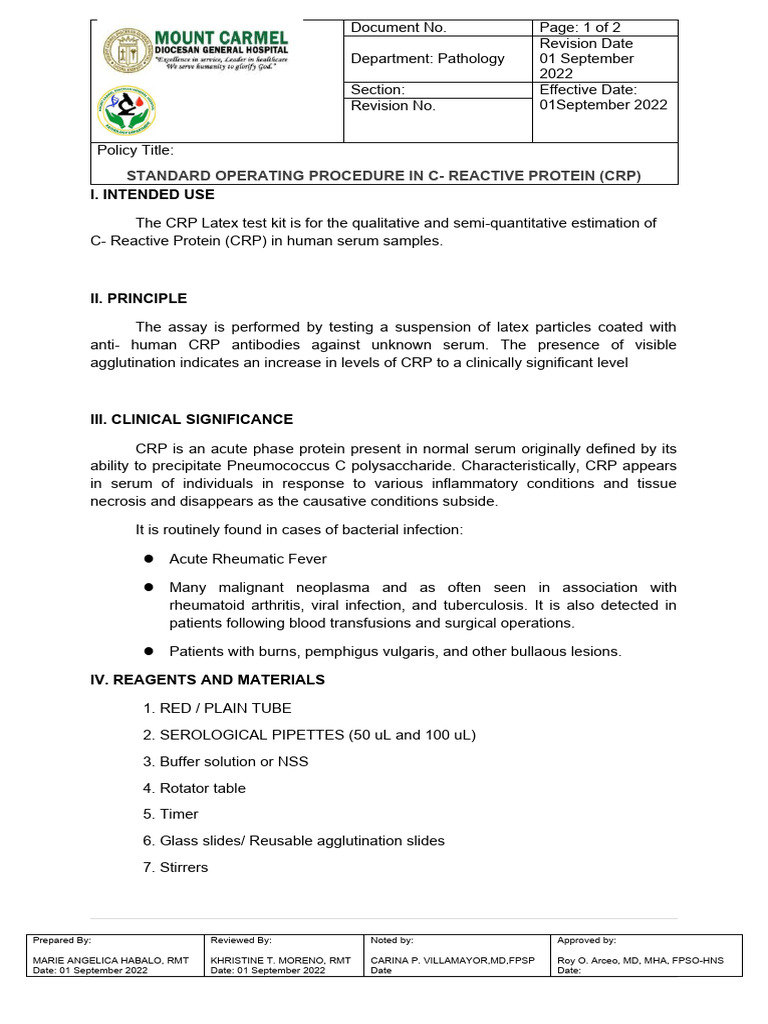 SOP CRP | PDF | C Reactive Protein | Serology