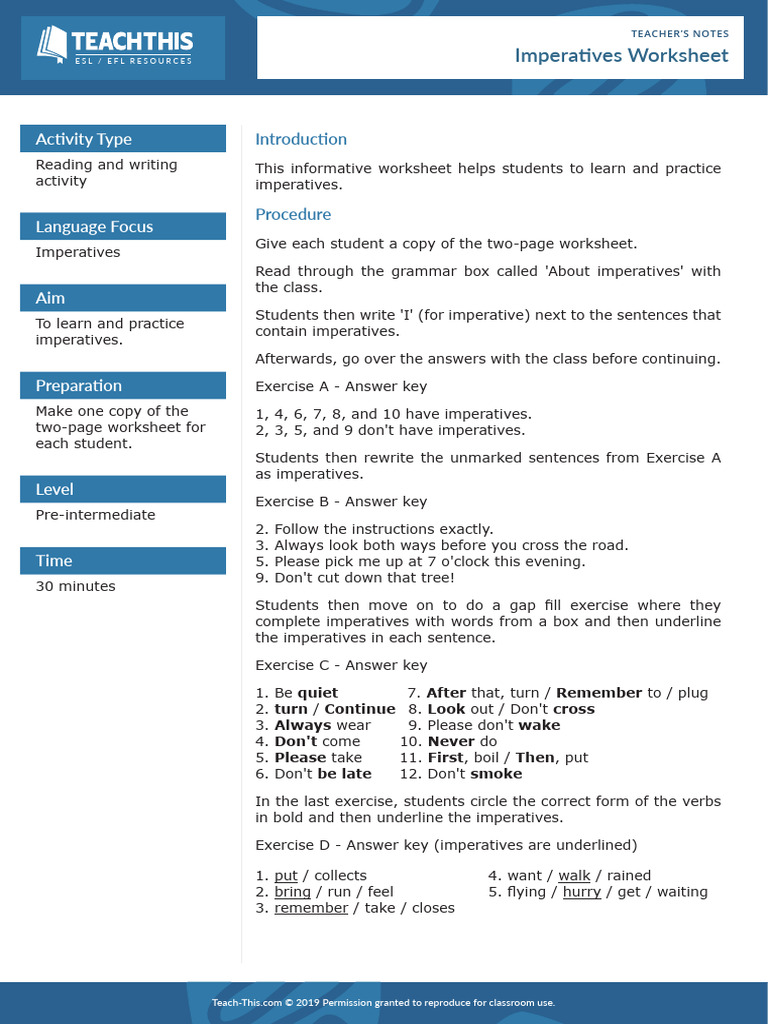 Imperatives Worksheet | PDF | English As A Second Or Foreign Language ...