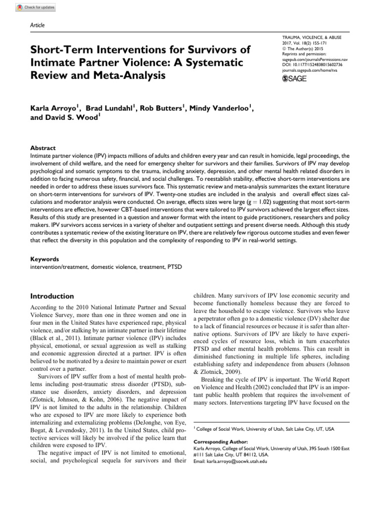Arroyo Et Al 2015 Short Term Interventions For Survivors of Intimate ...