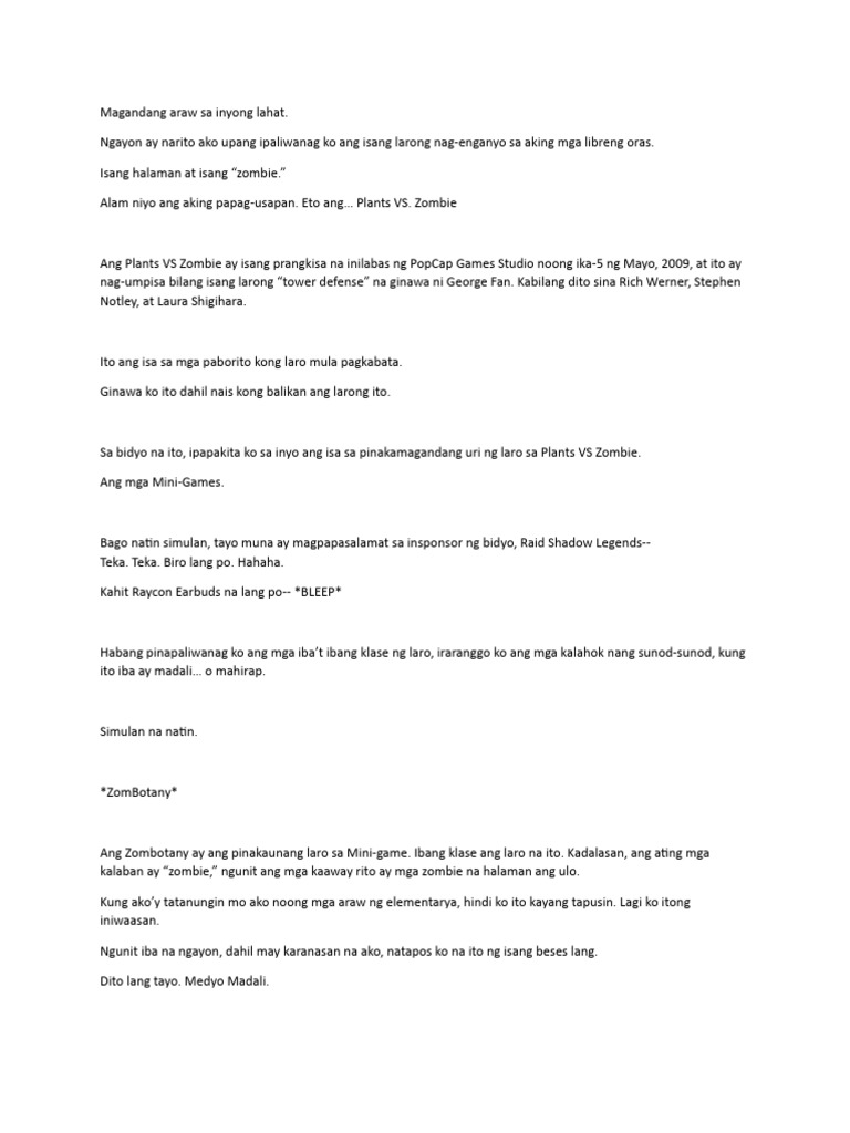 PVZ Mini-Game Script | PDF