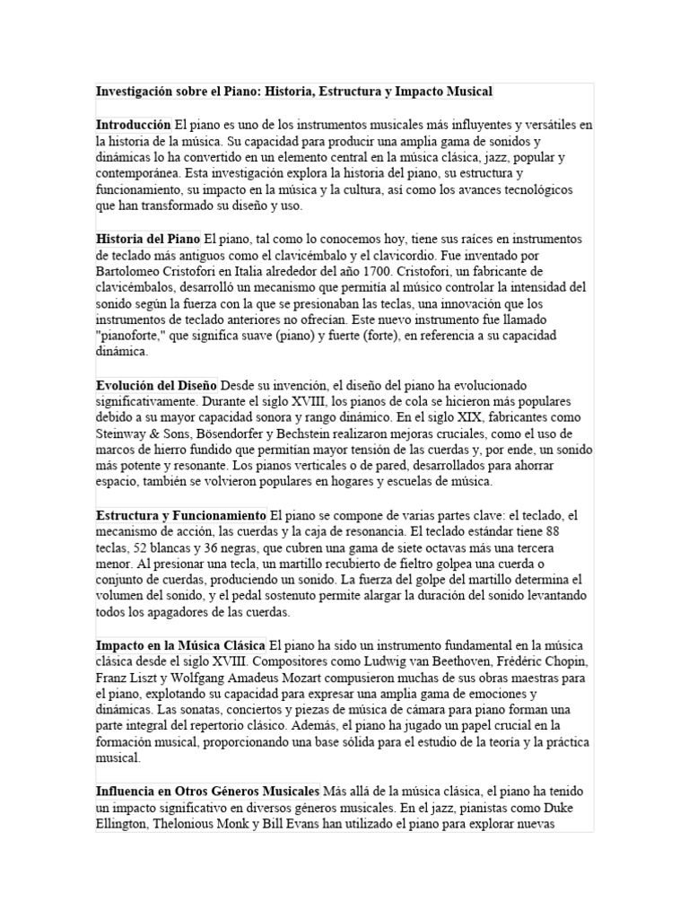 Investigación Sobre El Piano Historia, Estructura y Impacto Musical ...