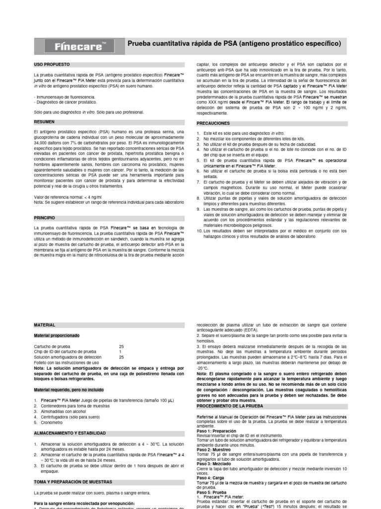 Finecare™ PSA Instrucciones | PDF | Antígeno específico de la próstata | Cancer de prostata