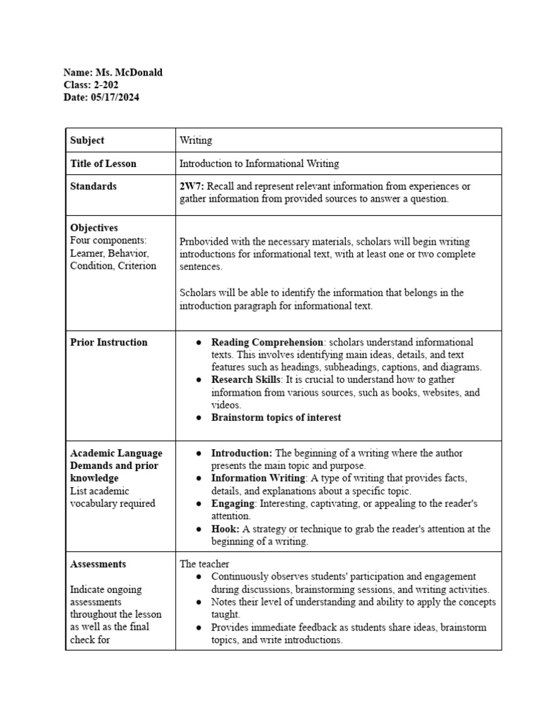 Introduction Writing Lesson Plan | PDF | Reading Comprehension | Cognition