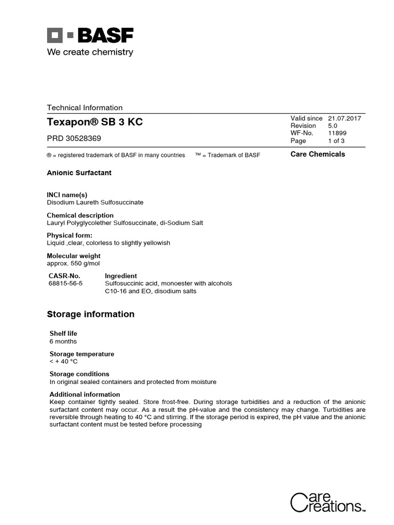 Texapon SB 3 KC Prod Spec | PDF | Chemistry | Chemical Substances