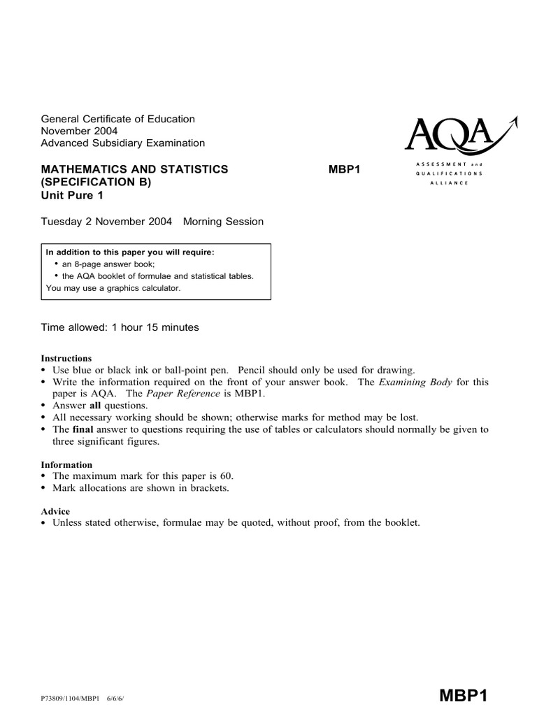 Aqa MBP1 W QP Nov04 | PDF | Equations | Mathematical Objects Aqa MBP1 W QP Nov04 | PDF | Equations | Mathematical Objects