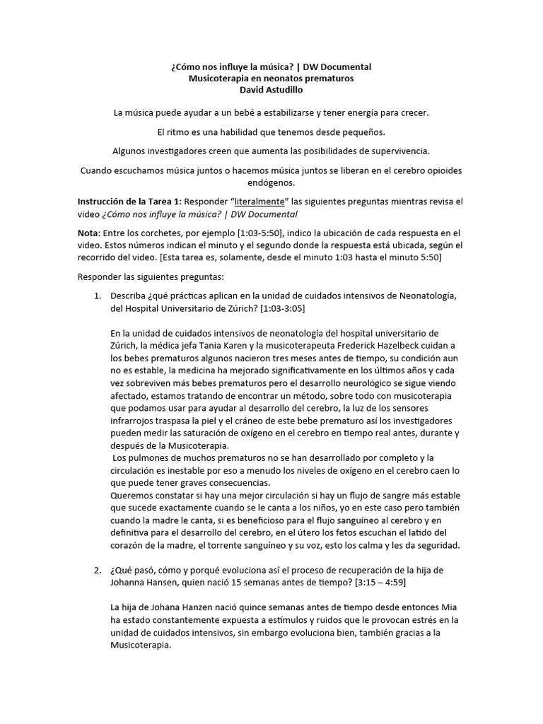 Tarea 1 Musicoterapia en Neonatos Prematuros David Astudillo DW | PDF ...