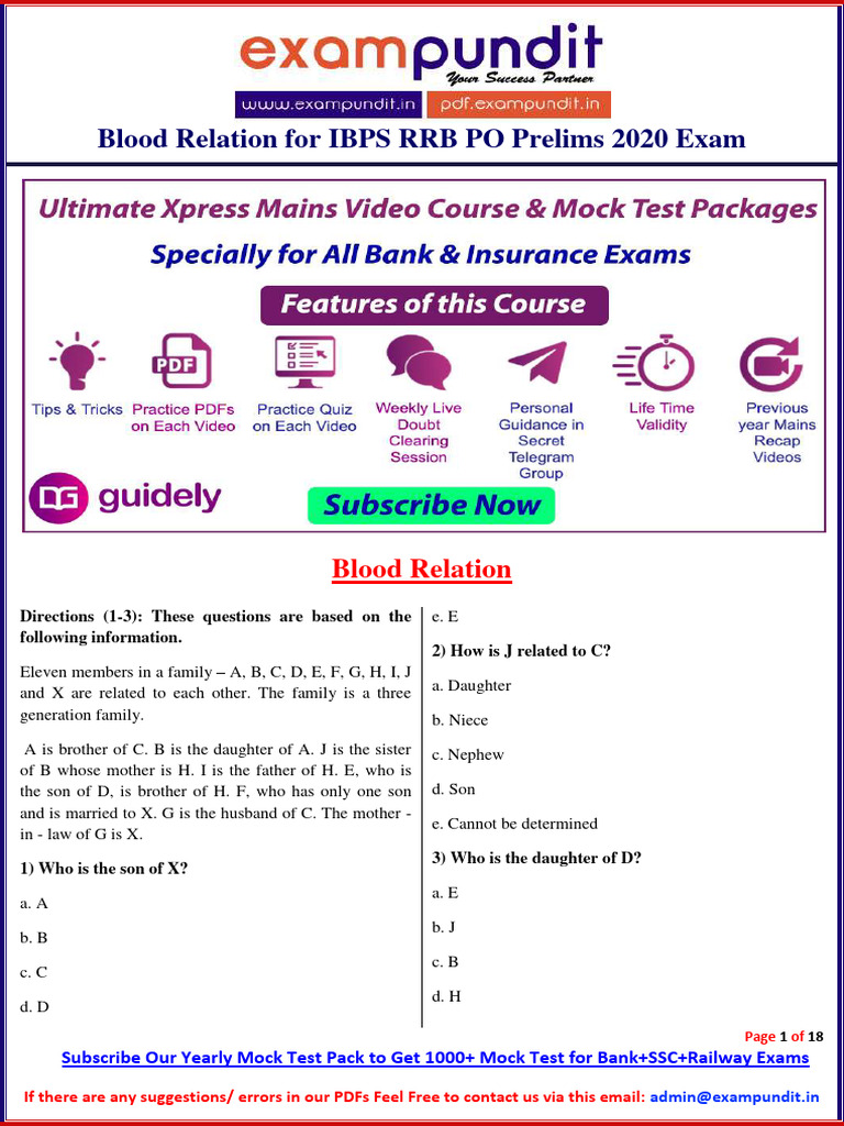 Blood Relation Questions PDF For Ibps RRB Po Prelims 2020 Exam | PDF ...