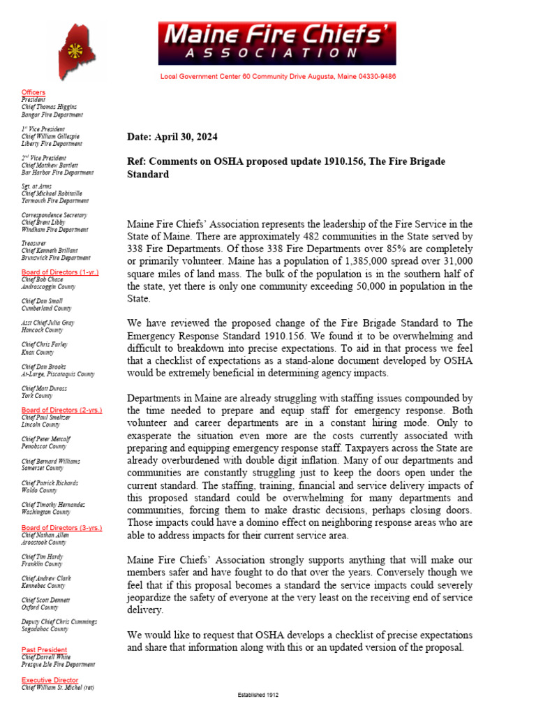 Maine Fire Chiefs OSHA Letter | PDF | Politics | Social Science