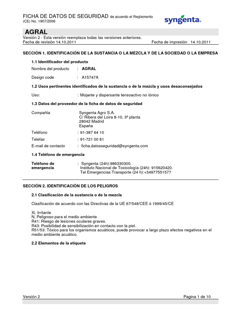 Ficha Seguridad AGRAL Versión 2 | PDF | Agua | Residuos