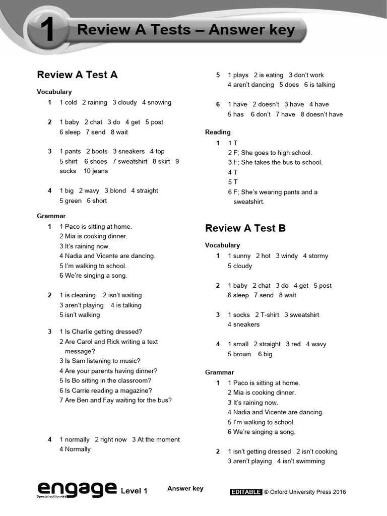 Engage 1 Review A Tests Answer Key | PDF | Fashion | Clothing