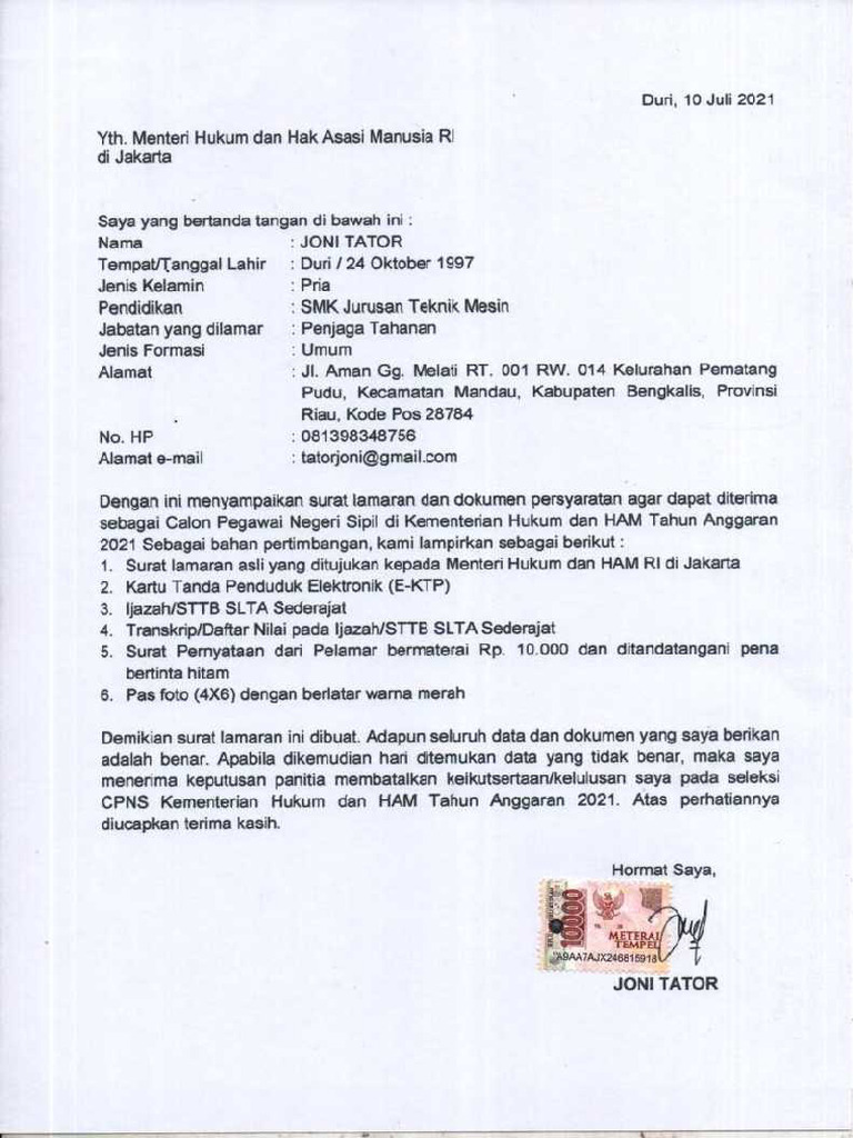 Surat Lamaran Cpns | PDF