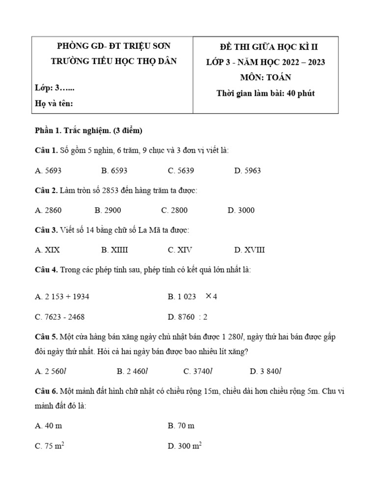 De kiem tra GHK 2 mon Toan lop 3 2023 TH THỌ DÂN. | PDF