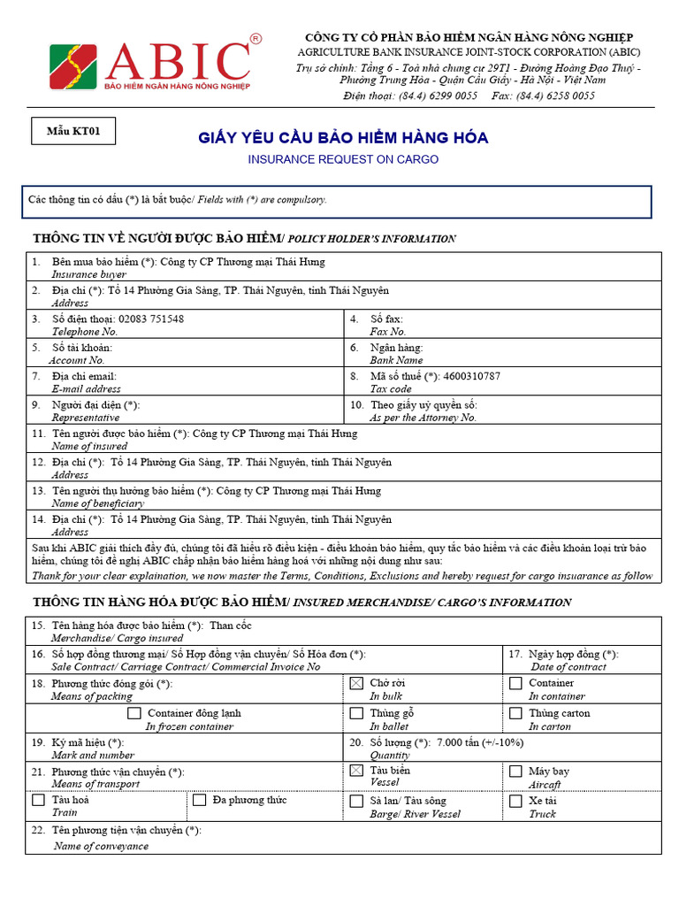 Mau KT01 - Giay YCBH Hàng Hóa | PDF