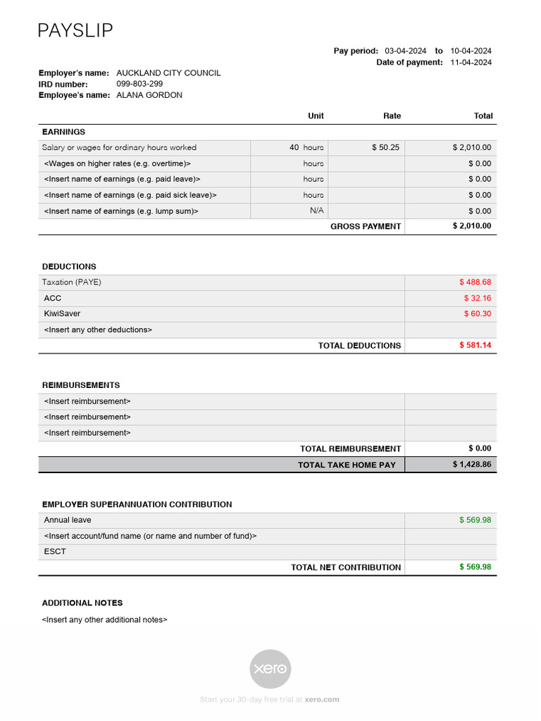 Payslip Template NZ | PDF