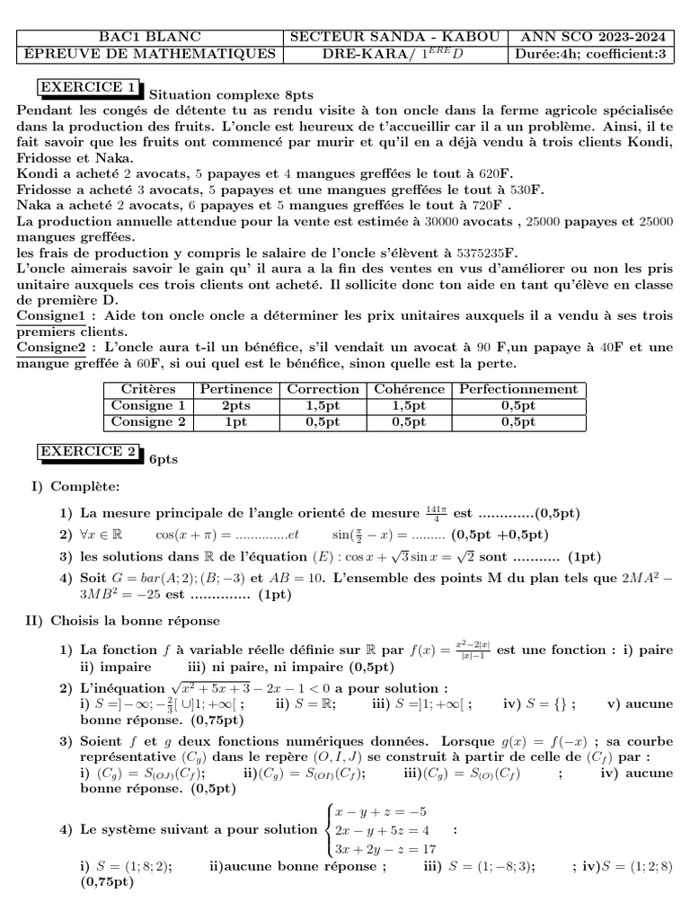 Épreuve de Mathématiques BAC1 2023-2024 | PDF