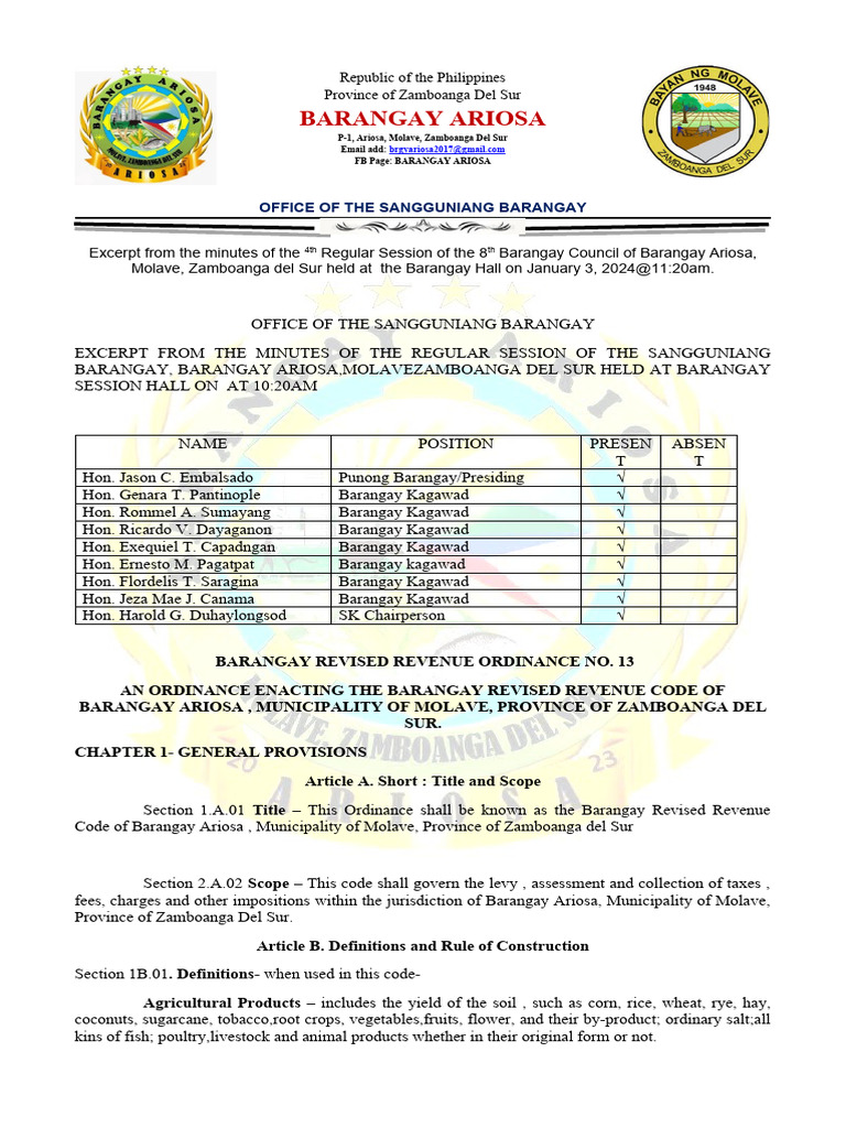 Barangay Ariosa Revenue Code Excerpt | PDF | Taxes | Receipt