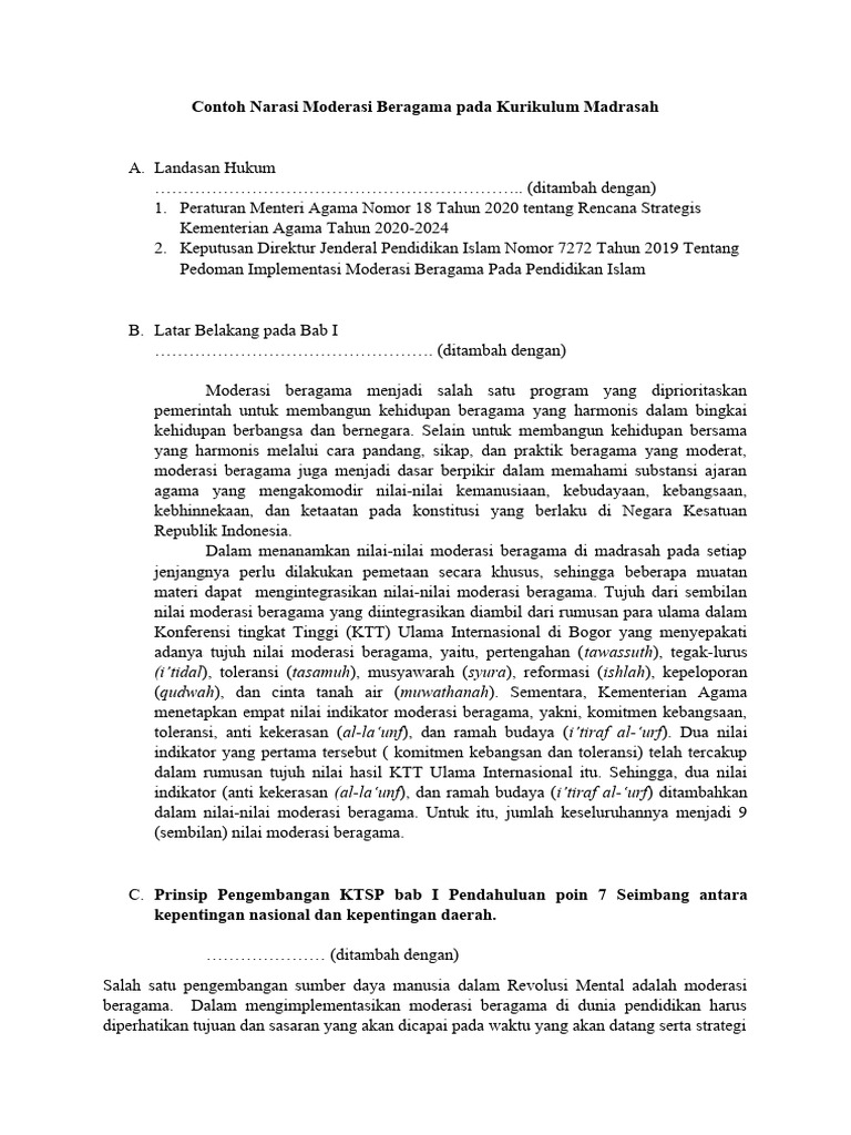 Contoh Narasi Moderasi Beragama Pada Kurikulum Madrasah | PDF | Karier ...