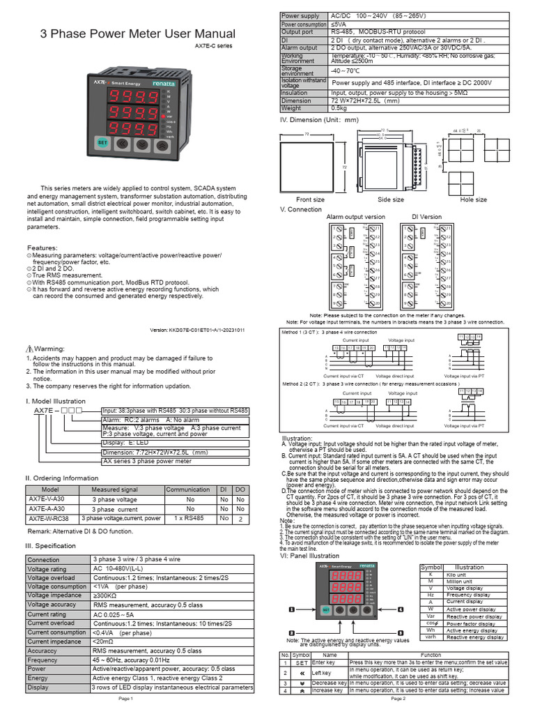 Renatta User Manual Power Meter AX7E - 3 Pahse | Download Free PDF ...