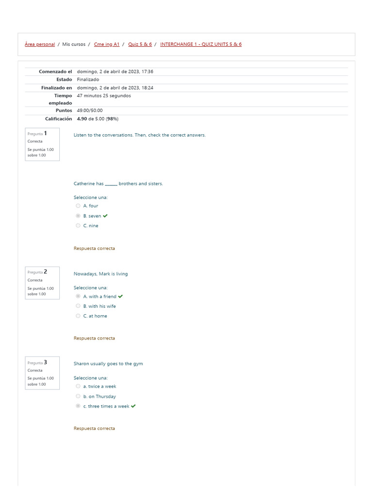 INTERCHANGE 1 - QUIZ UNITS 5 & 6 - Revisión Del Intento | Download Free PDF | Fluency | Linguistics